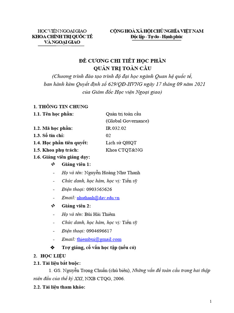 De Cuong Chi Tiet Quan Tri Toan Cau CLC | PDF