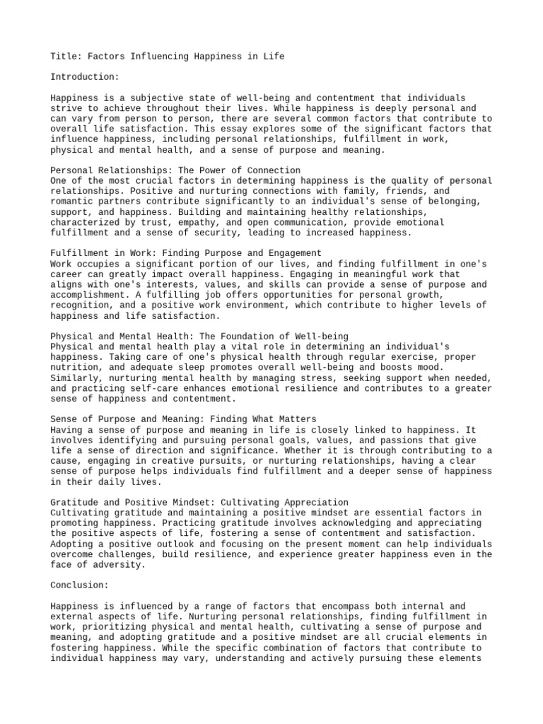 Factors Influencing Happiness in Life | PDF