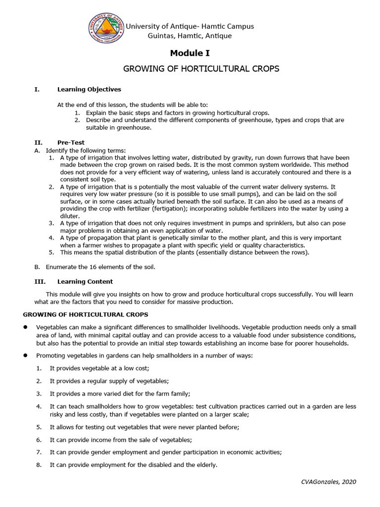 Module I Growing of Horticultural Crops | PDF | Soil | Vegetables