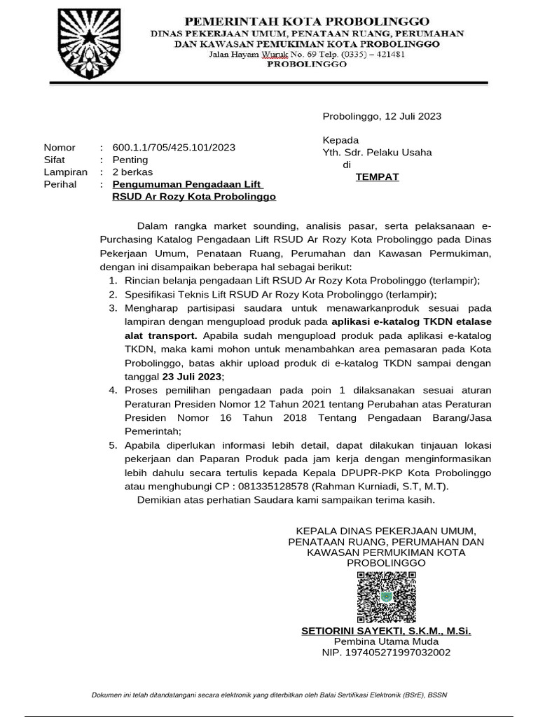 Pengumuman Pengadaan Lift RSUD Ar Rozy | PDF