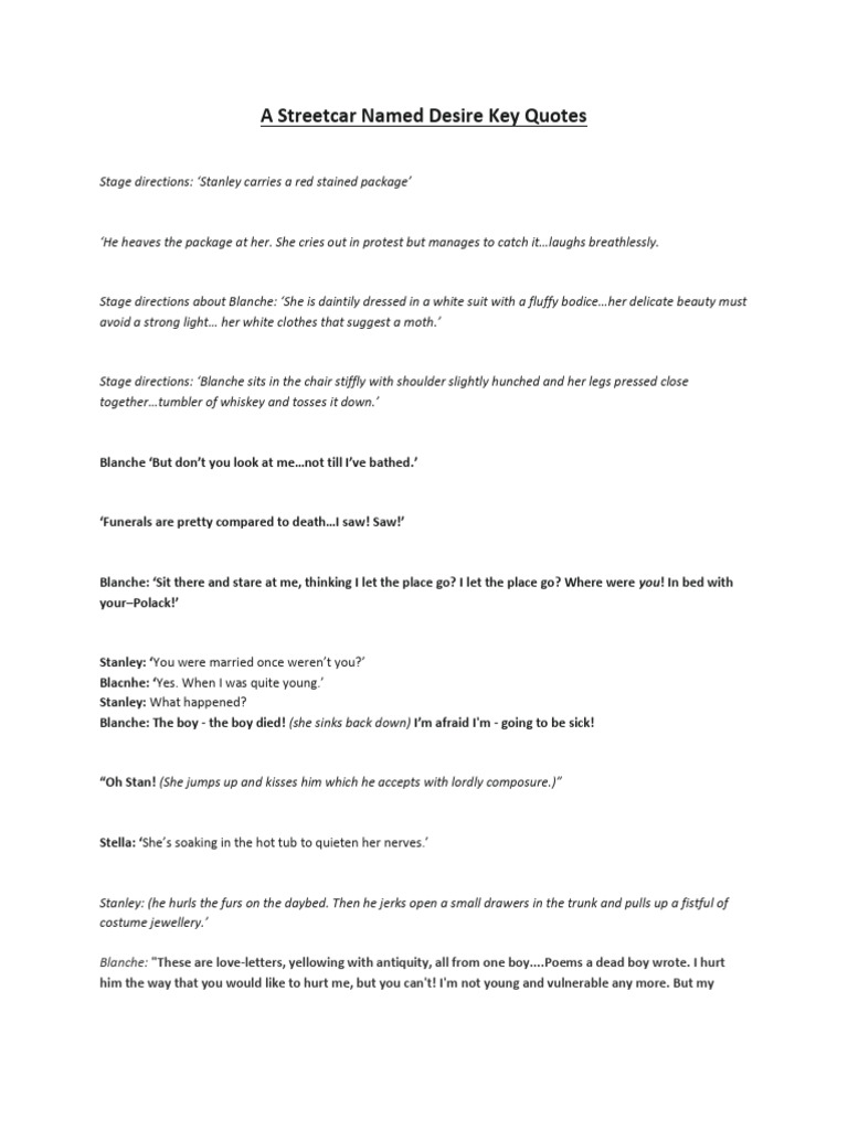 Key Quotes from A Streetcar Named Desire | PDF | Art | Mystery ...