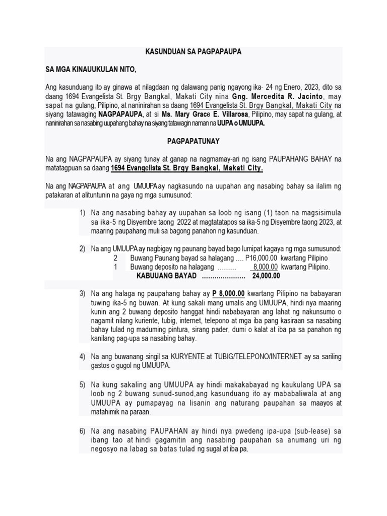 Kasunduan Sa Pagpapaupa NG Bahay | PDF