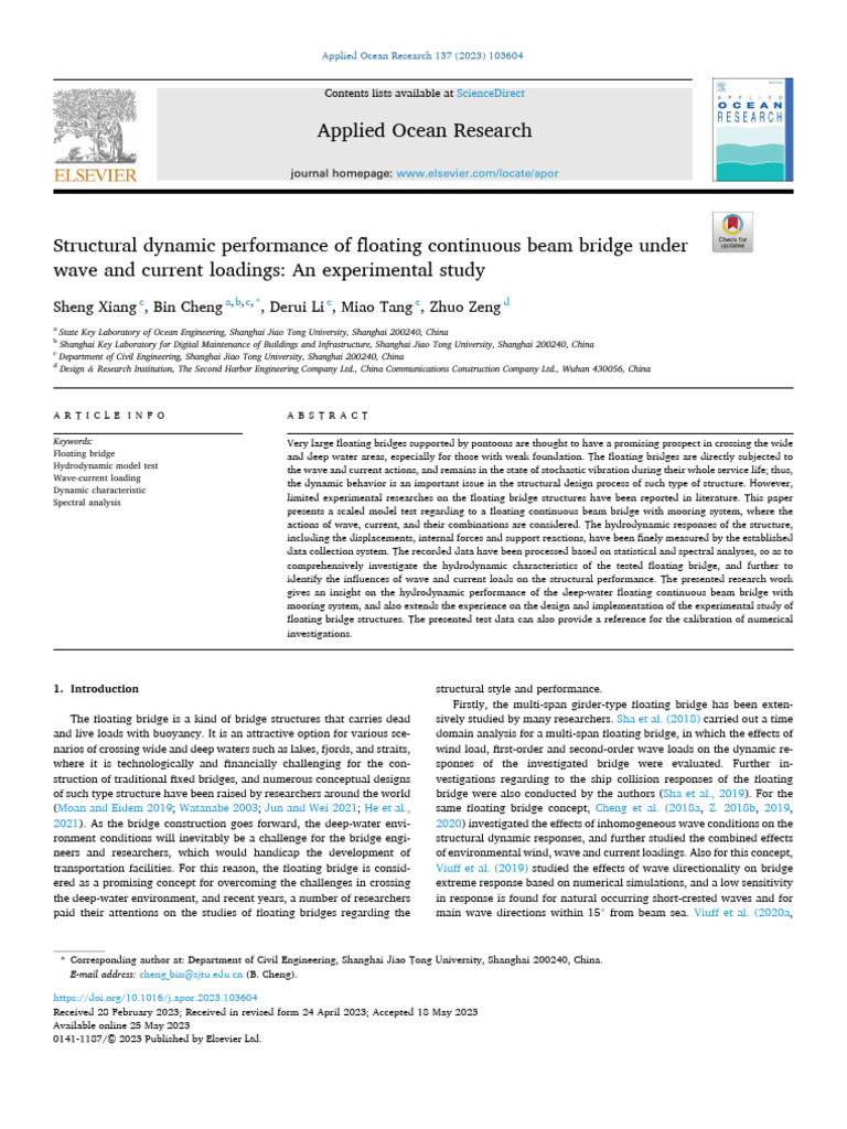4 - Structural Dynamic Performance of Floating Continuous Beam Bridge Under Wave and Current ...