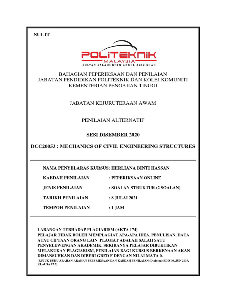 DCC20053 Mechanics of Civil Engineering Structures | PDF