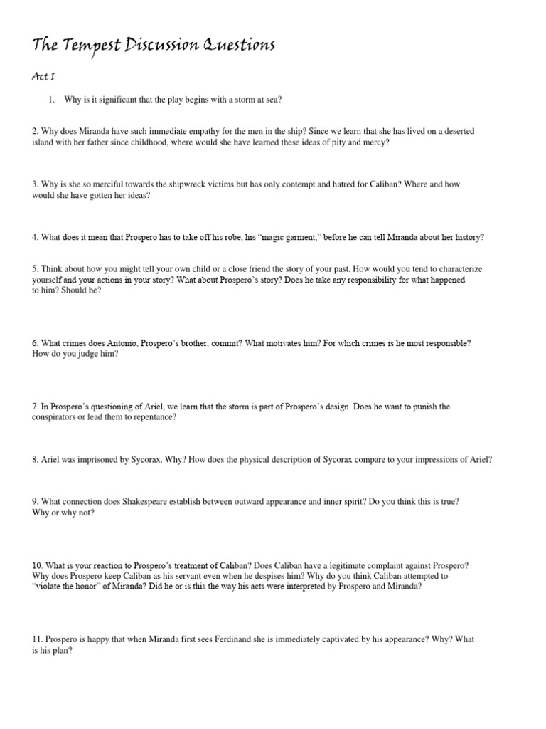 The Tempest Discussion Questions | Download Free PDF | The Tempest