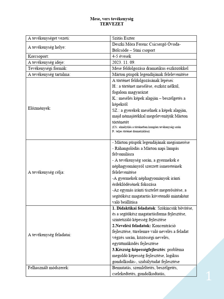Mese Tervezet - 2023.11.09 (Márton-Nap) | PDF