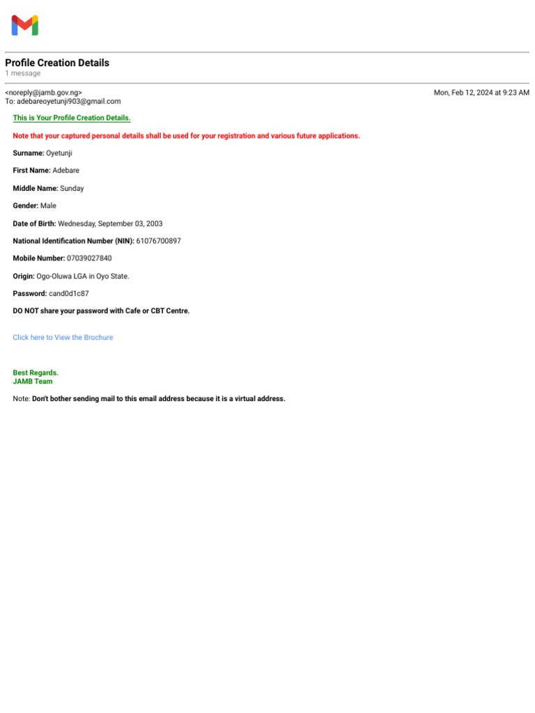 Gmail - Profile Creation Details | PDF