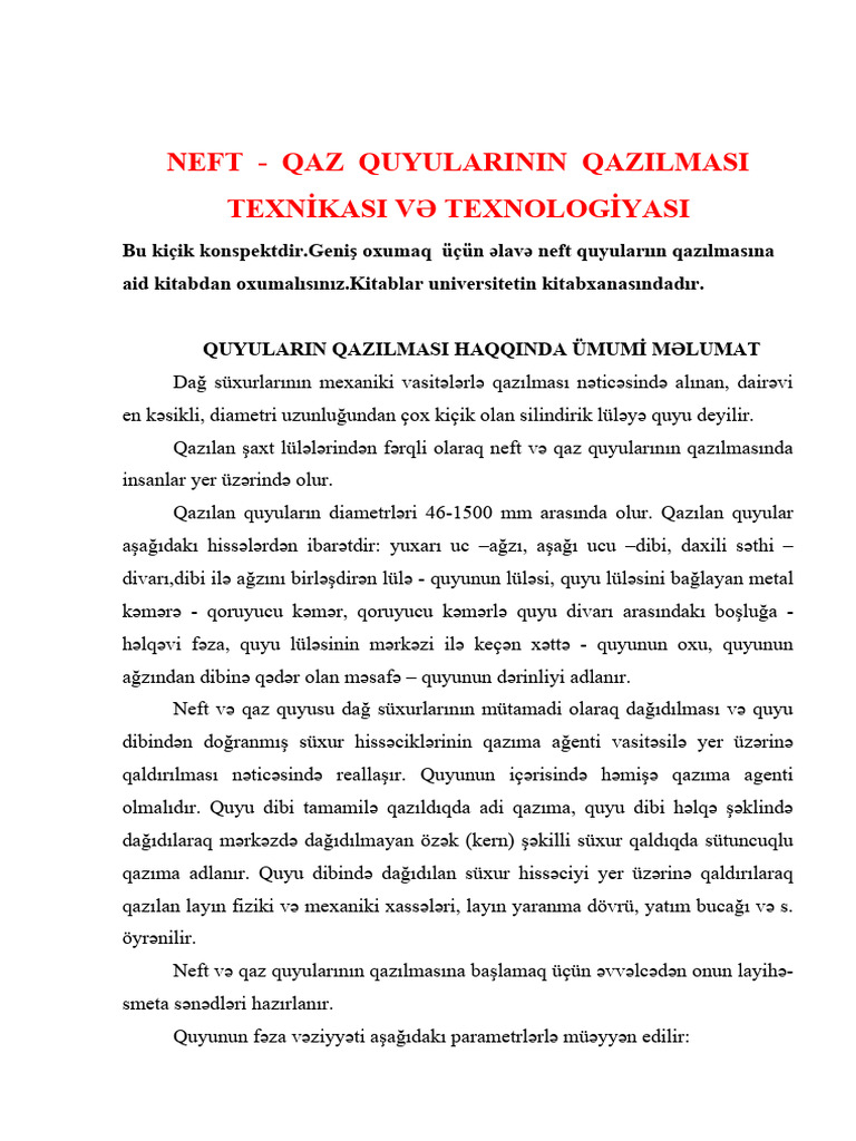 Neft - Qaz Quyularinin Qazilmasi Texnikasi VƏ Texnologiyasi | PDF