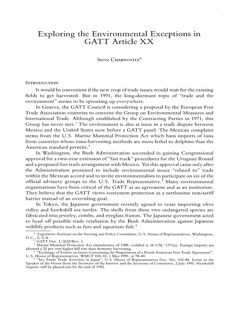 Charnovitz - Exploring The Environmental Exceptions in GATT Article XX | Download Free PDF ...