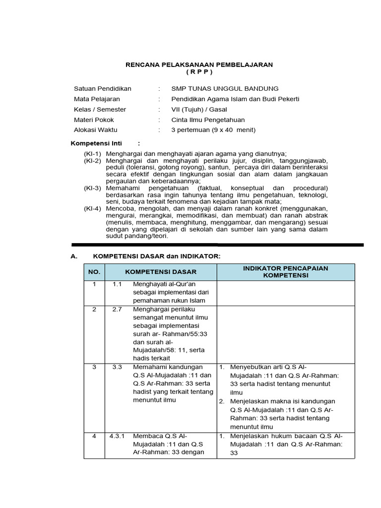 Contoh RPP Pelajaran PAI | PDF
