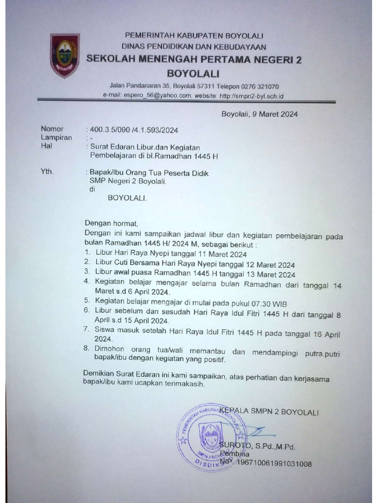 Edaran Libur Awal Puasa Siswa SMPN 2 Boyolali | PDF