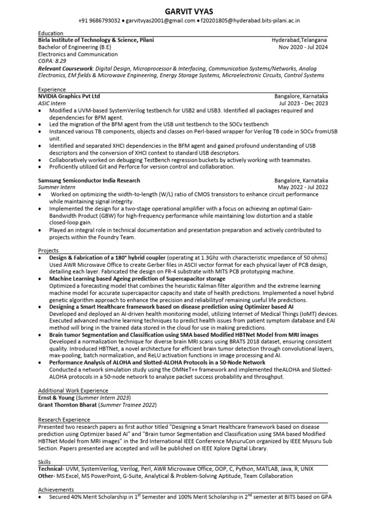 Garvit Vyas Resume BTech BITS Pilani 8.5 CGPA Worked at NViDiA, Samsung | PDF