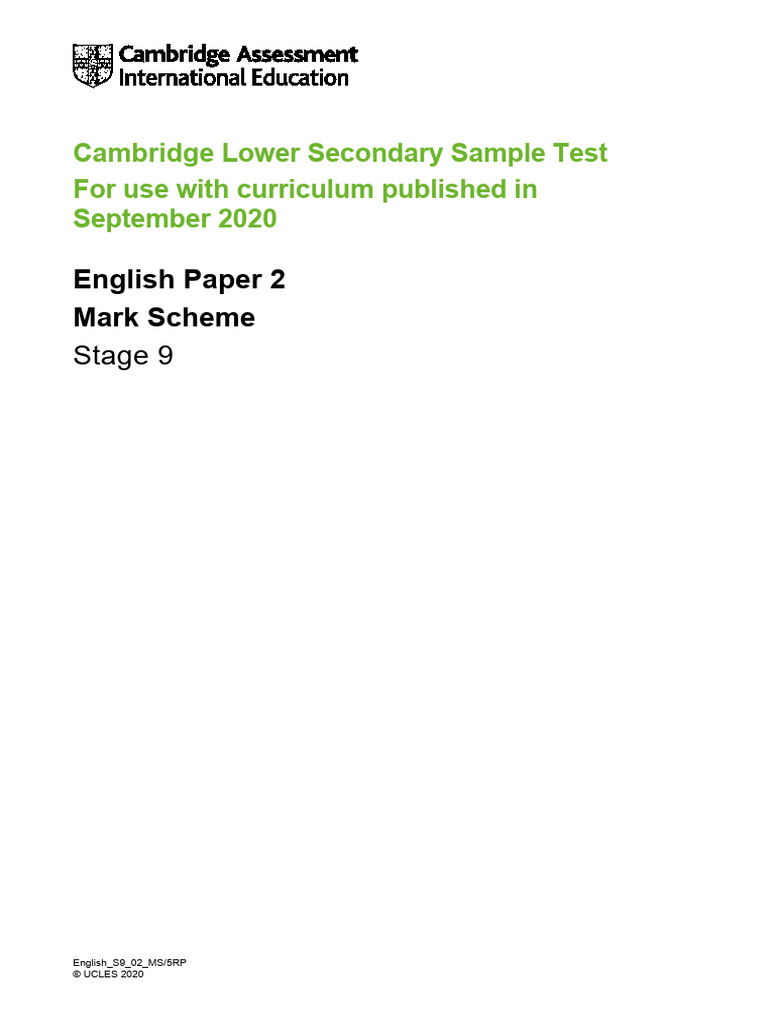 English Paper 2 Mark Scheme: Cambridge Lower Secondary Sample Test For ...