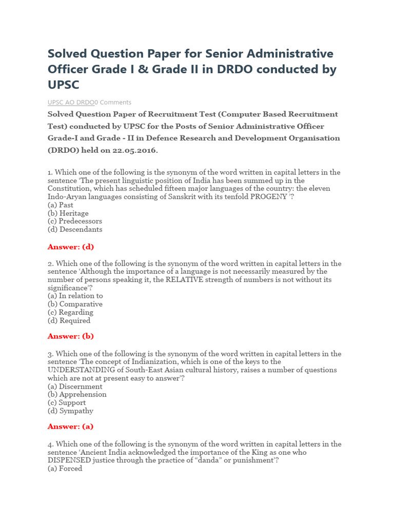 DRDO Senior Administrative Officer Exam Paper | PDF | Games & Activities