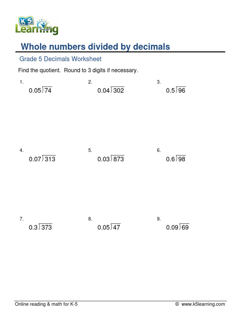 Grade 5 Decimals Worksheet - Whole Numbers Divided by Decimals | PDF