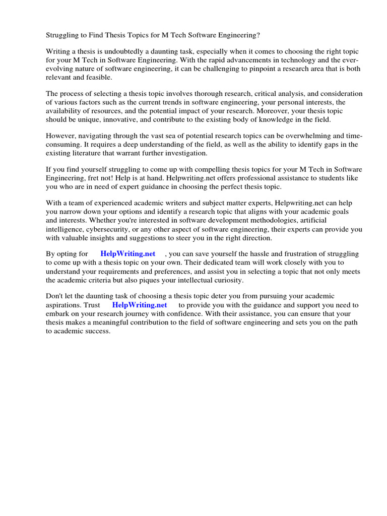 Thesis Topics For M Tech Software Engineering | PDF
