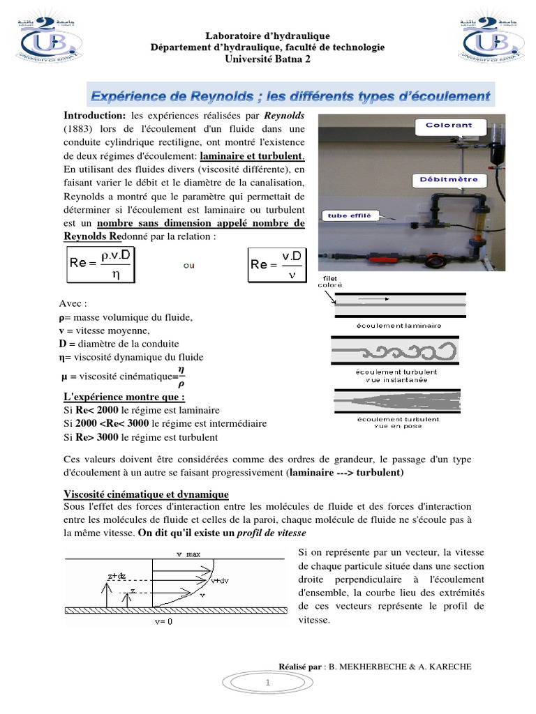 tp4 Determination Du Nombre de Reynolds | PDF | Écoulement laminaire ...