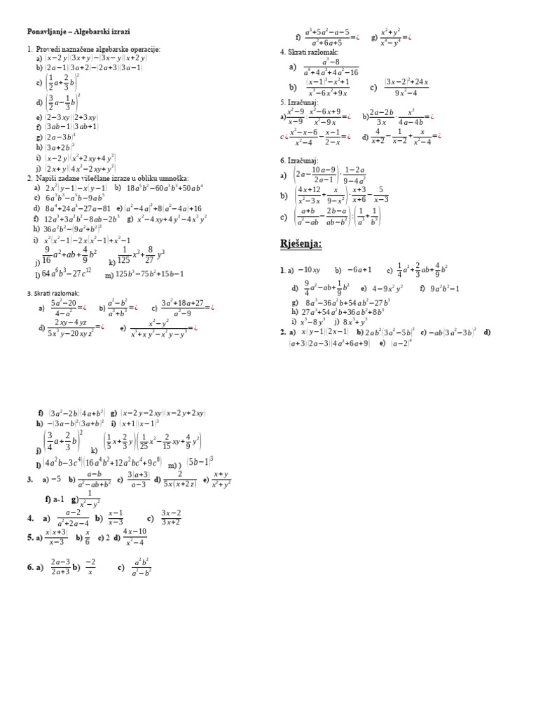 Ponavljanje Algebarski Izrazi 1b 2023 | PDF