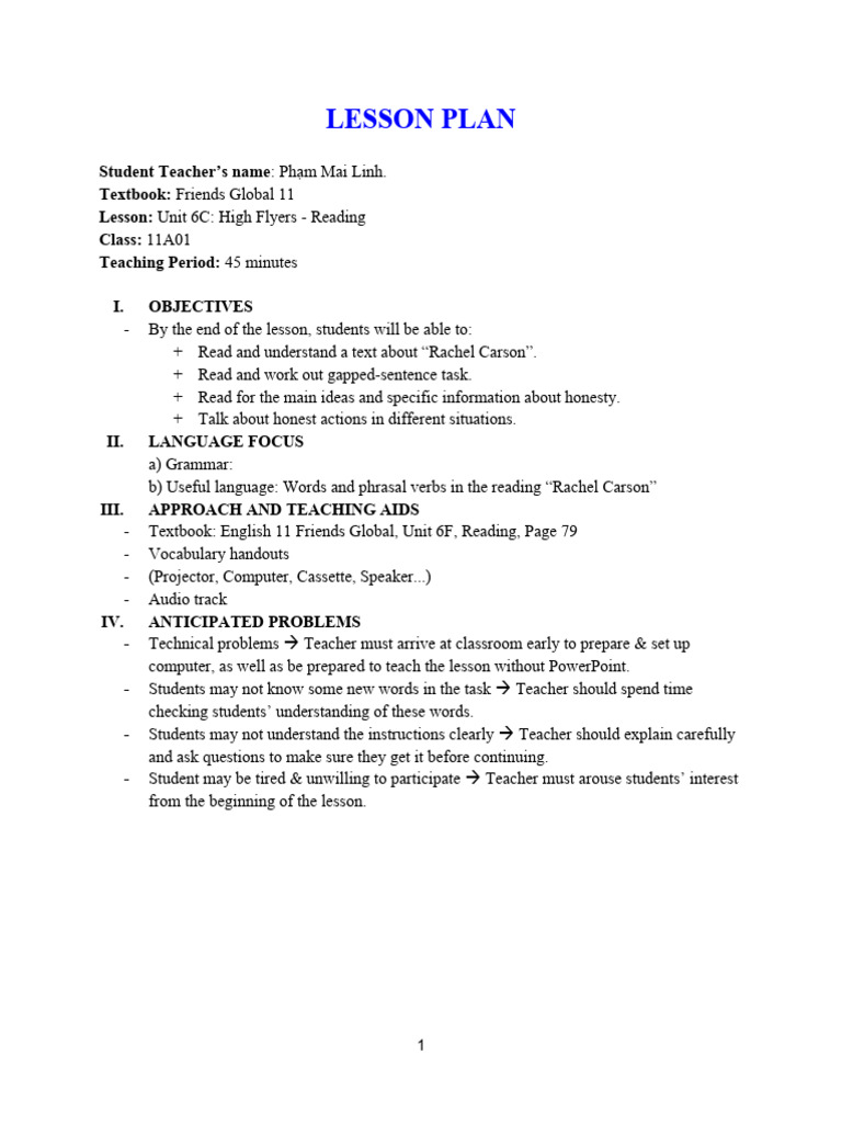 Lesson Plan: Rachel Carson in 11A01 | PDF | Human Communication | Learning