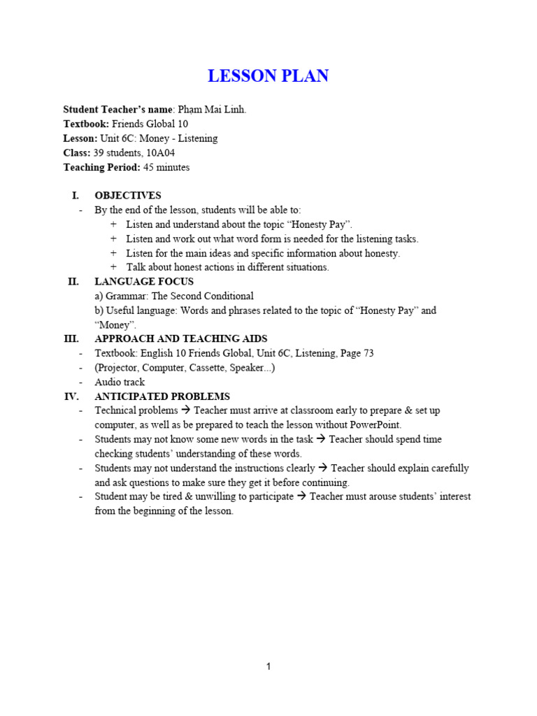 LESSON PLAN Friends Global 10 - Unit 6 Listening | PDF | Teachers ...