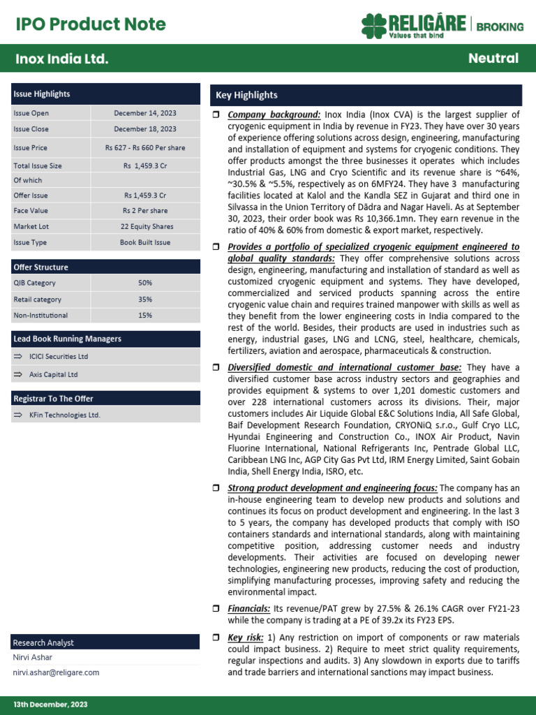 Inox India Ltd. IPO Product Note | PDF