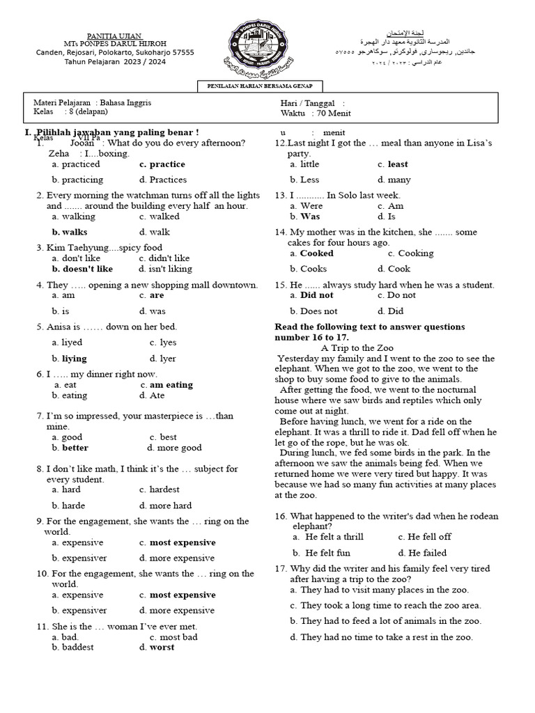 FORMAT SOAL PHB 8 B.ingg | PDF | Zoo