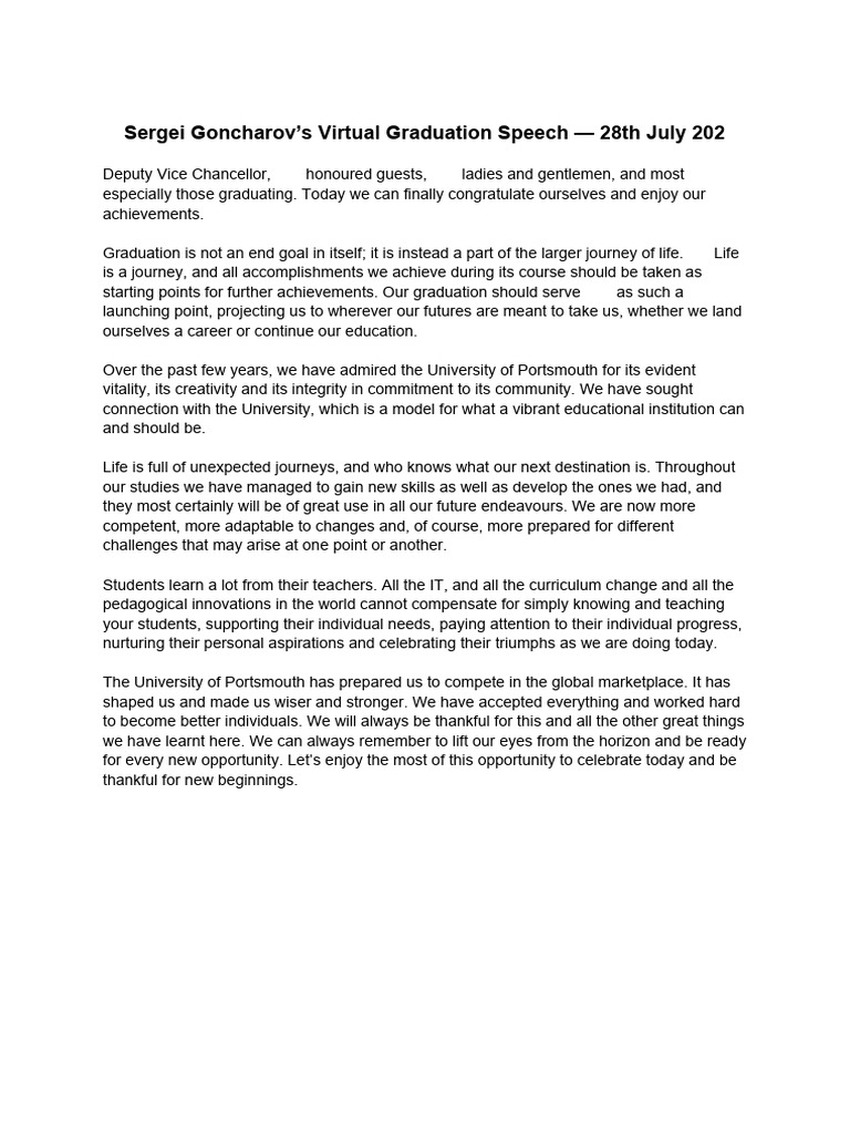 Goncharovs Inspiring Graduation Speech Pdf Career And Growth