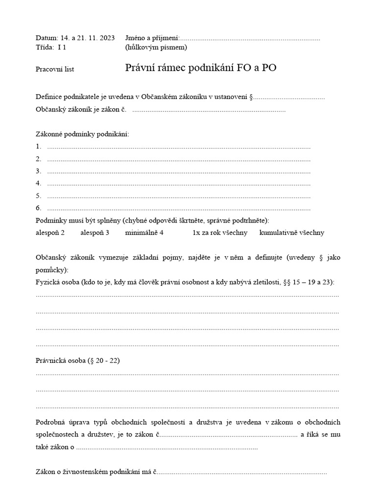 Pracovní List Pro I1-Právní Úprava Podnikání FO A PO | PDF