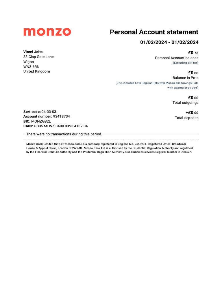 Monzo Personal Account Statement 2024 | PDF | Deposit Account | Money