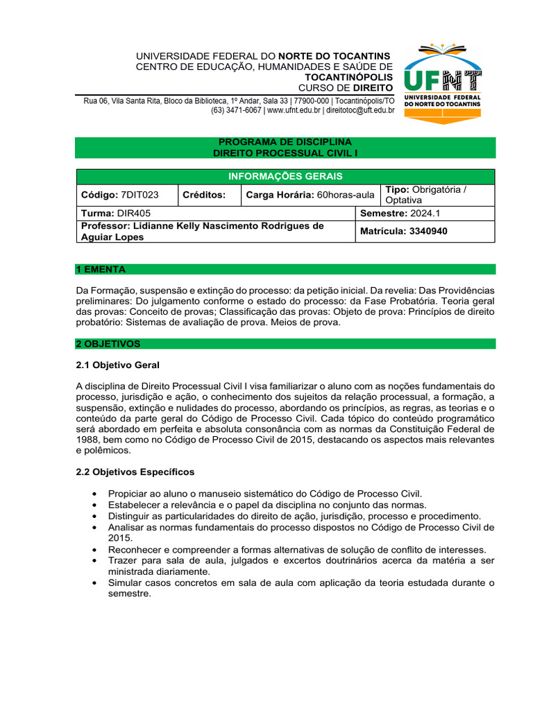 Modelo Programa de Disciplina - Direito Processual Civil I | PDF | Processo civil | Princípios ...