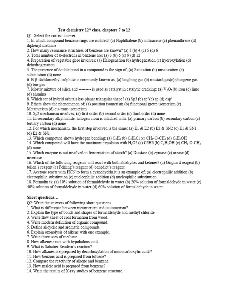 12th Chemistry Tests | PDF | Benzene | Ethanol