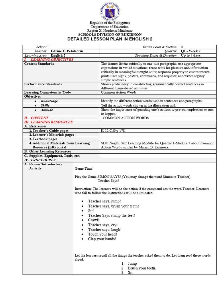 English 2 Action Words Lesson | PDF | Learning | Teachers