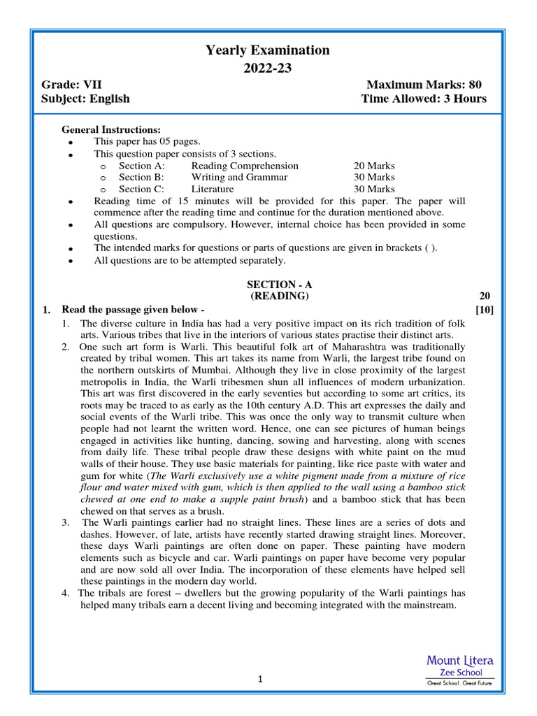 Mount Litera Zee School Class 7 Yearly Paper | PDF | Paintings