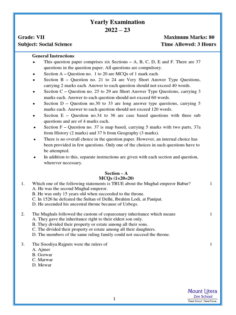 Mount Litera Zee School Class 7 Yearly Previous Years Paper | PDF