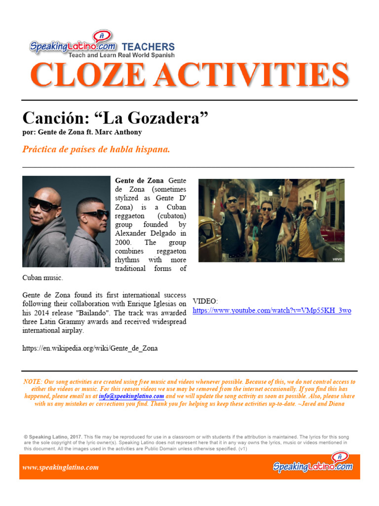 Cloze Gente de Zona FT Marc Anthony - La Gozadera - Names of The ...