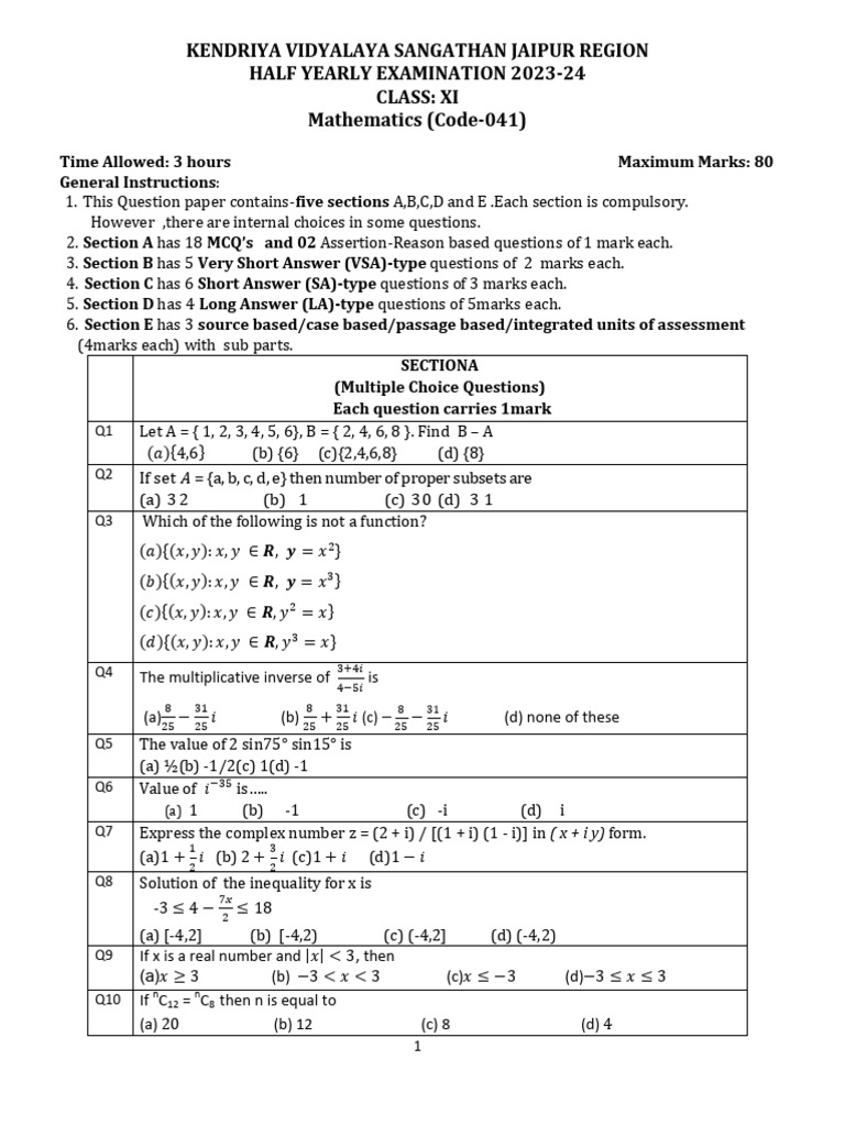 Maths (041) Xi Hy QP | PDF | Function (Mathematics) | Line (Geometry)