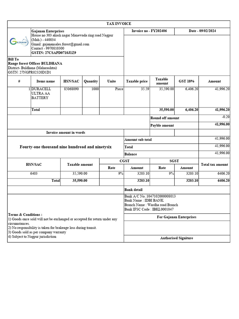 Duracell Battery Invoice 202406 Invoice Buldhana | Download Free PDF ...