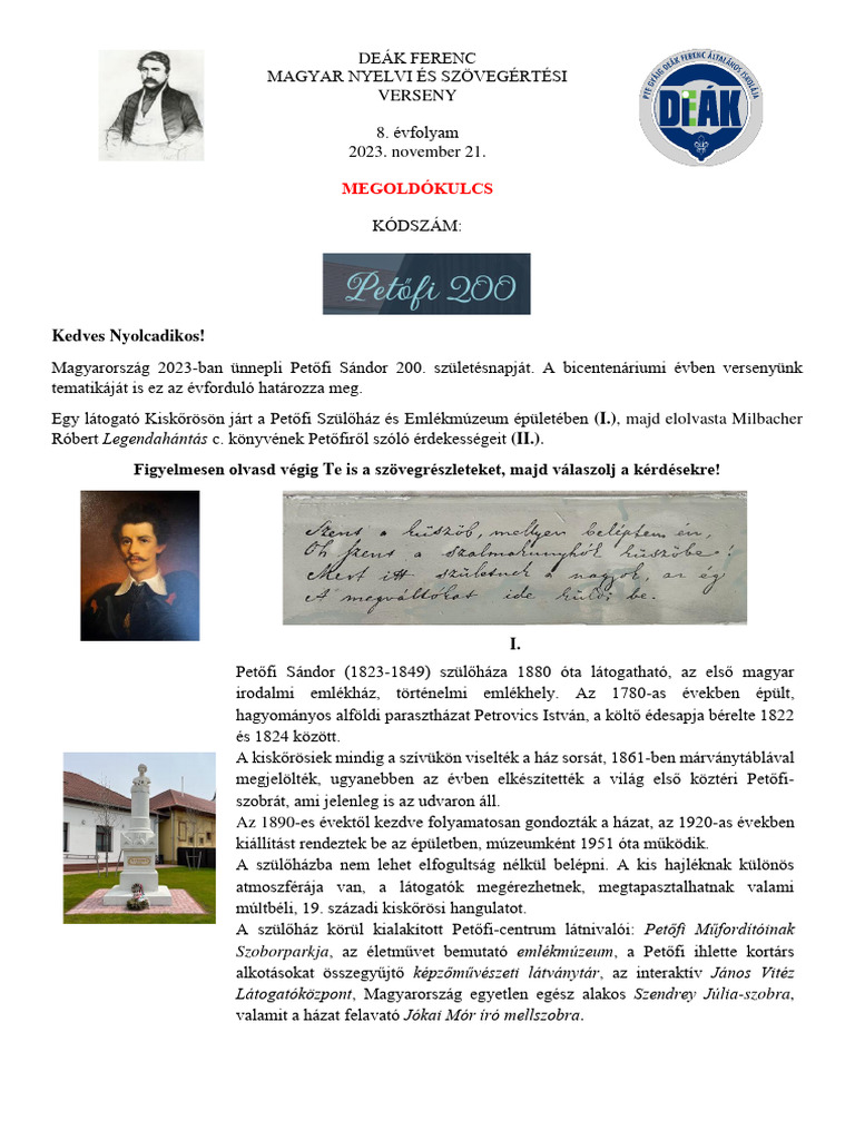 Deák Verseny 2023 - Nyolcadik - Évfolyam - Megoldókulcs | PDF