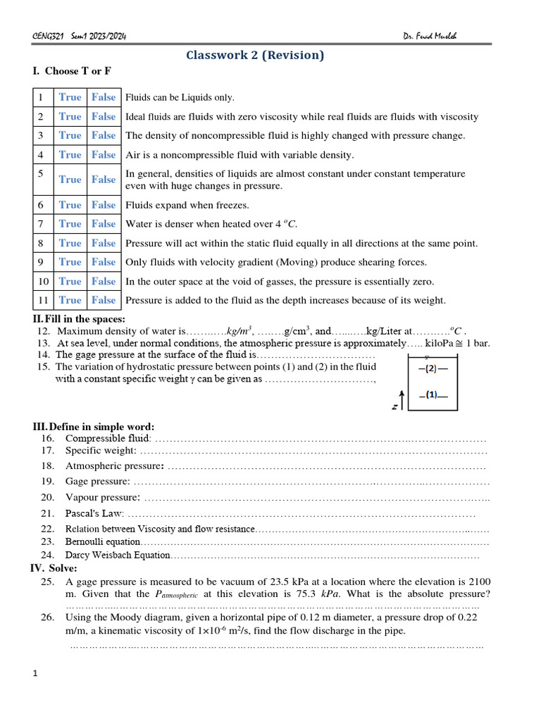 Classwork 2 (Revision) | PDF | Pressure | Density