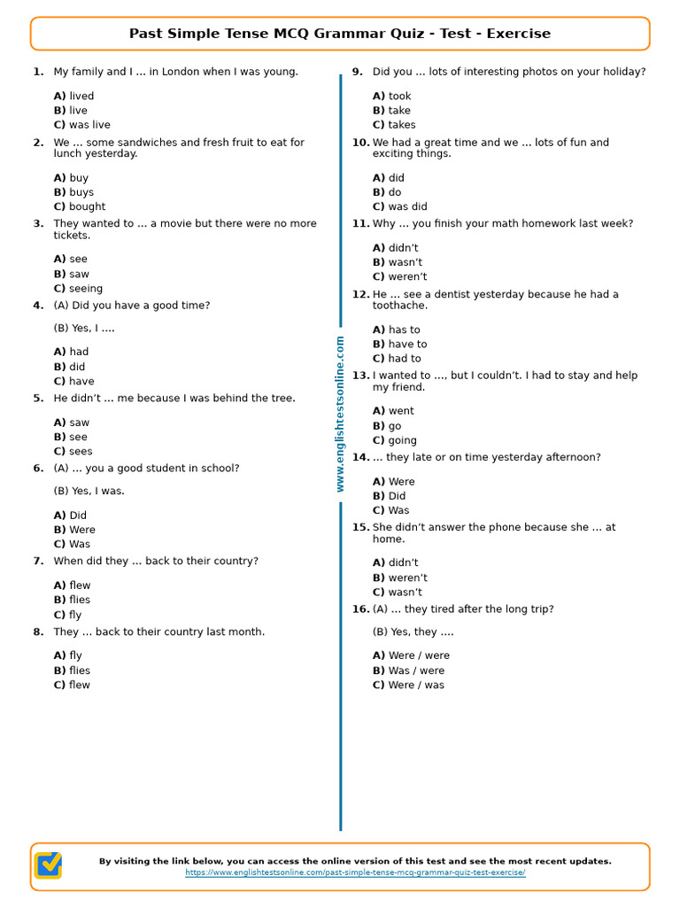 754 - Past Simple Tense MCQ Grammar Quiz Test Exercise | PDF
