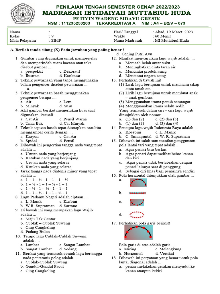 SOAL PTS SBDP KELAS 5 2023 | PDF