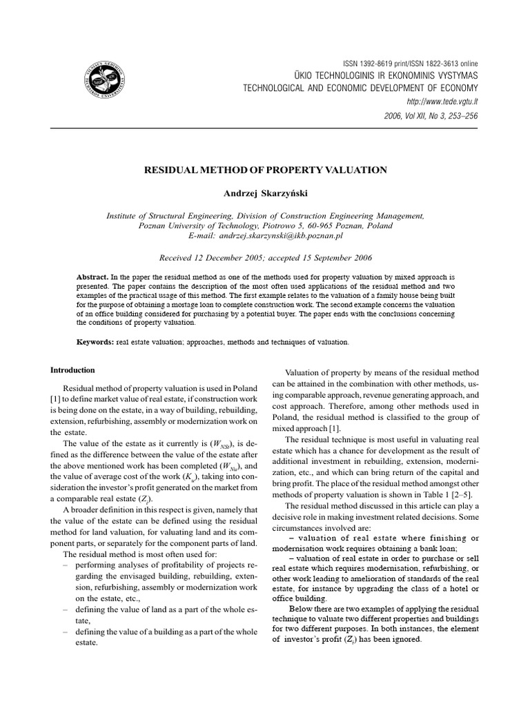 Residual Method of Property Valuation | PDF