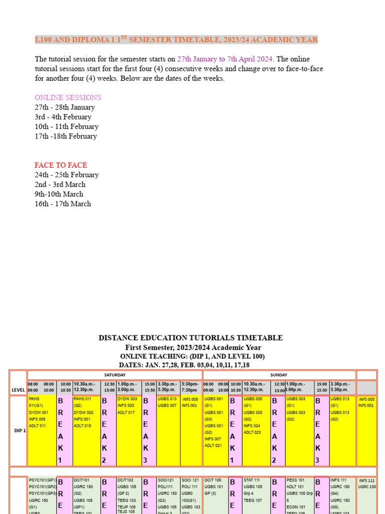 Distance Education Timetable Sem 1 Dip 1 and Level 100 - Updated | PDF