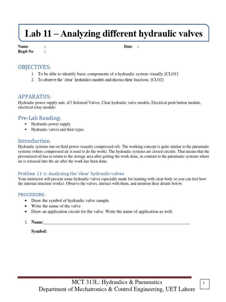 Lab No 11 - Analyzing Different Hydraulic Valves | PDF | Valve | Pneumatics