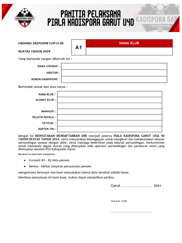 Formulir Piala Kadispora Garut U40 | PDF