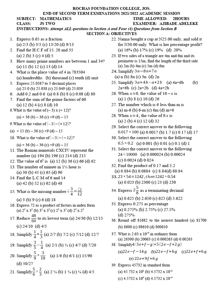 Mathematiucs JSS 2 | PDF | Numbers | Arithmetic