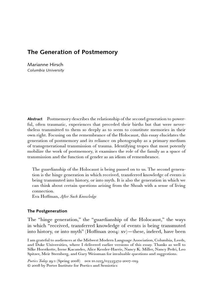 Hirsh, M., The Generation of Postmemory (2008) | PDF | Experience