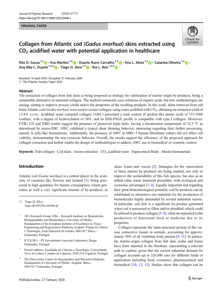 Collagen From Atlantic Cod (Gadus Morhua) Skins Extracted Using CO2 Acidified Water With ...