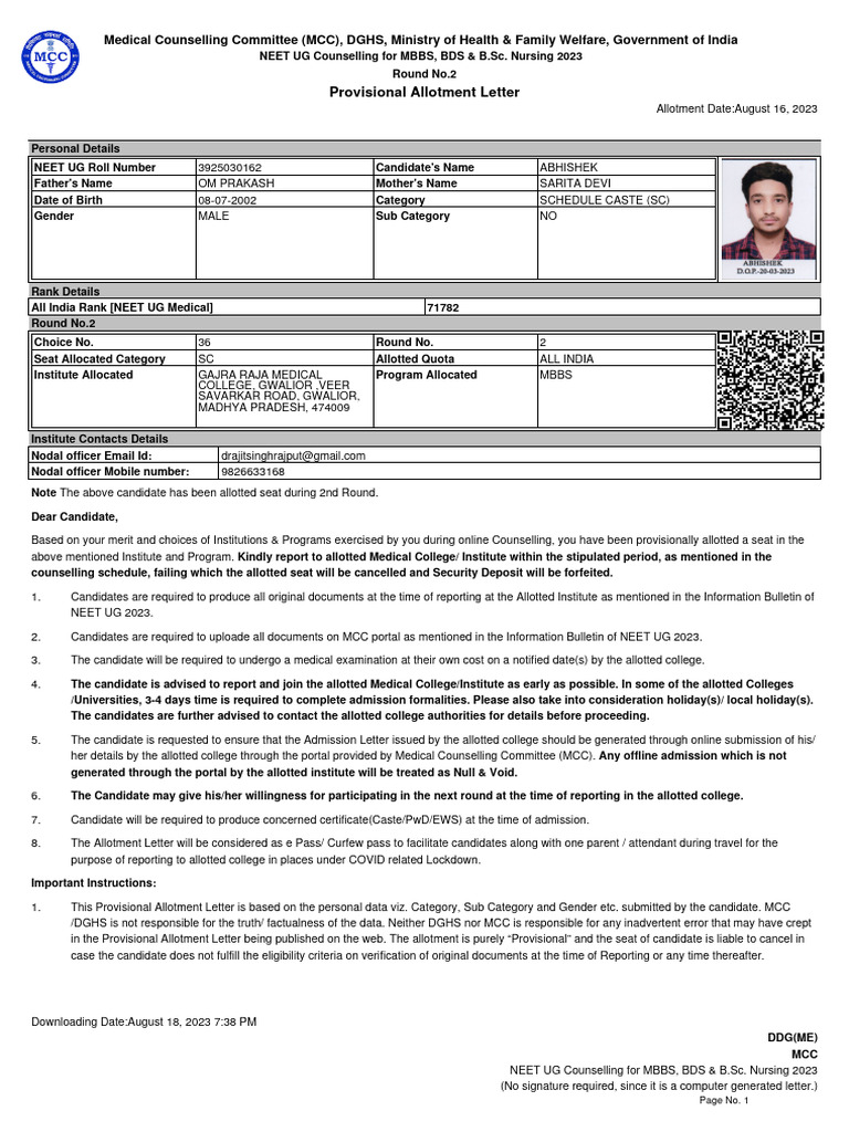 NEET UG 2023 Provisional Allotment Letter | PDF