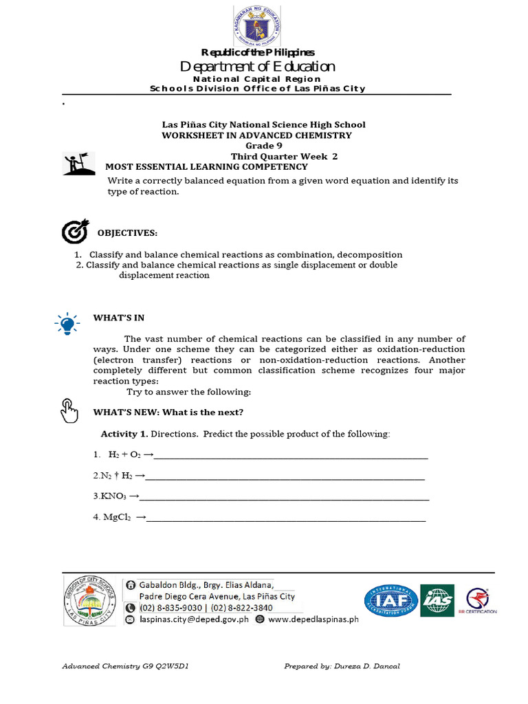 3rd QT Week 2 WS | PDF | Chemical Reactions | Magnesium
